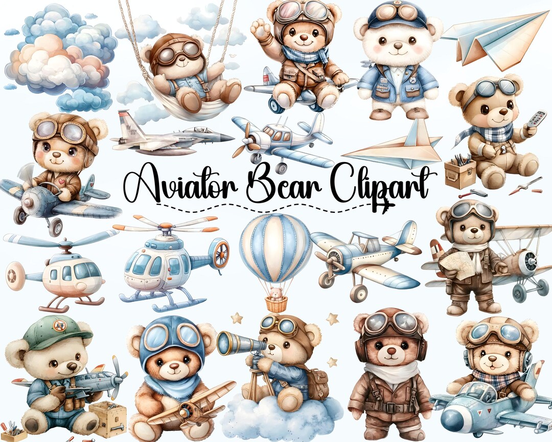Aviator Bear Watercolor Clipart, Pilot Teddy Aircraft, Retro Airplane ...