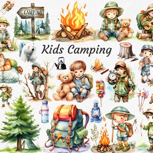 Kids Camping Watercolor Clipart, Cute Camper PNG, Children's Activities ...