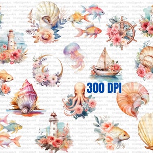 Boho Nautical Clipart - Marine Clipart, Watercolor Ocean Beach Clip Art ...