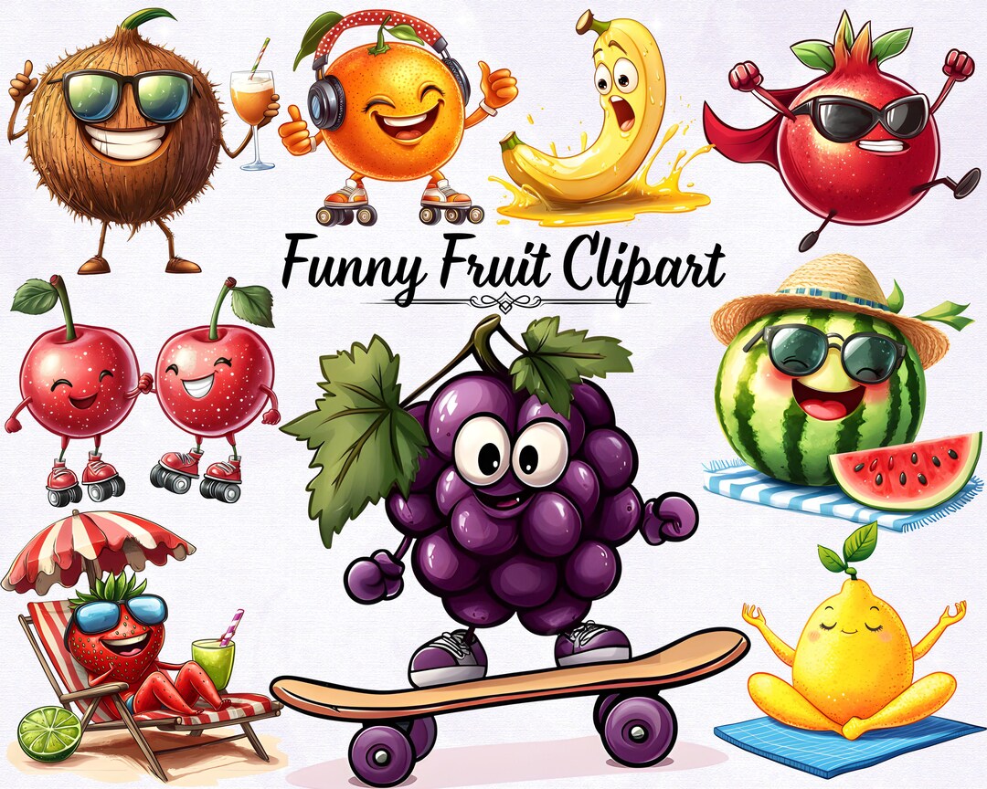 Funny Fruit Clipart Bundle, Whimsical Watercolor Summer Fruit Party ...