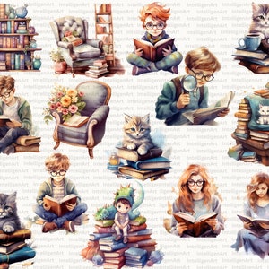 Bookworms Clipart - Book Lover Clipart, Watercolor Book Illustrations ...
