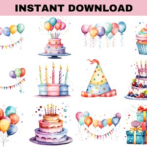 Watercolor Birthday Party Clipart | Cake Present Balloons Clipart ...