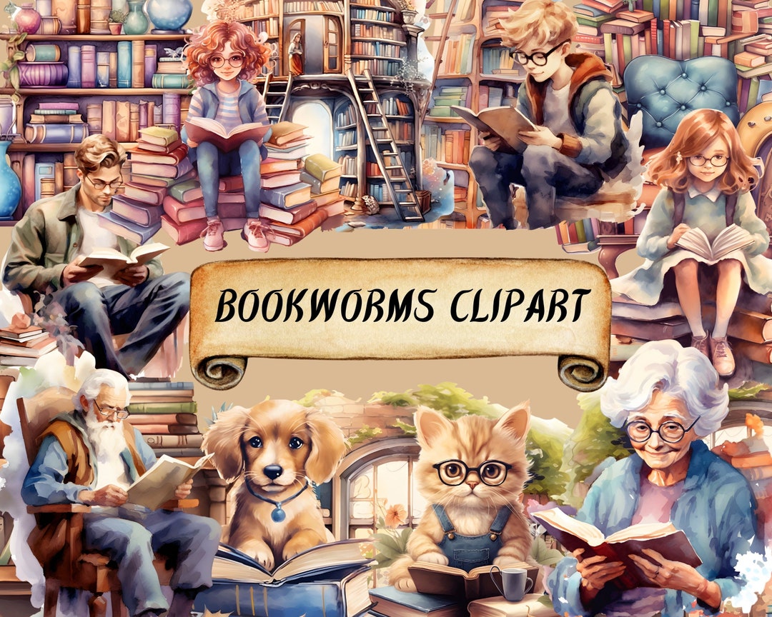 Bookworms Clipart - Book Lover Clipart, Watercolor Book Illustrations ...