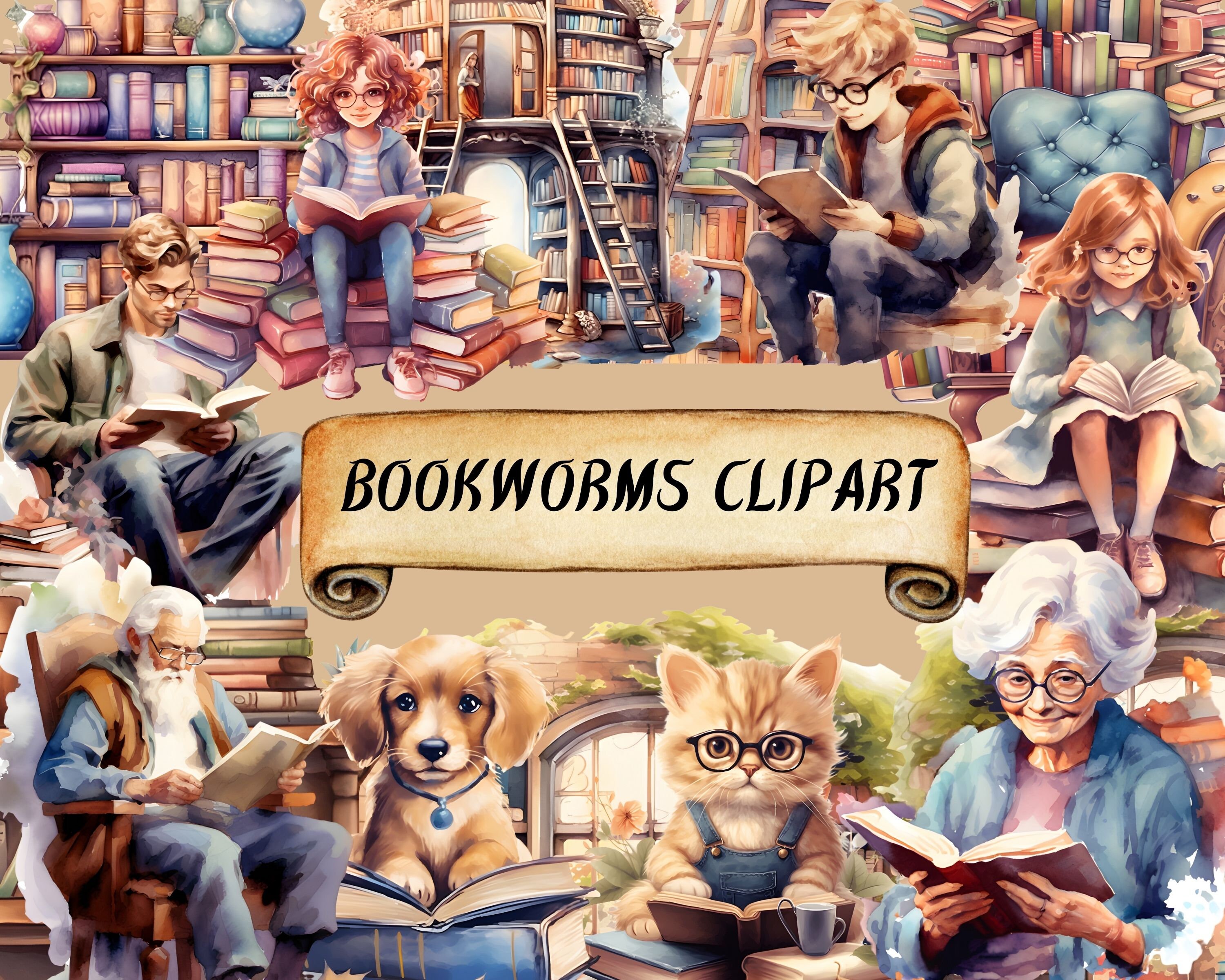 Bookworms Clipart Book Lover Clipart Watercolor Book - Etsy