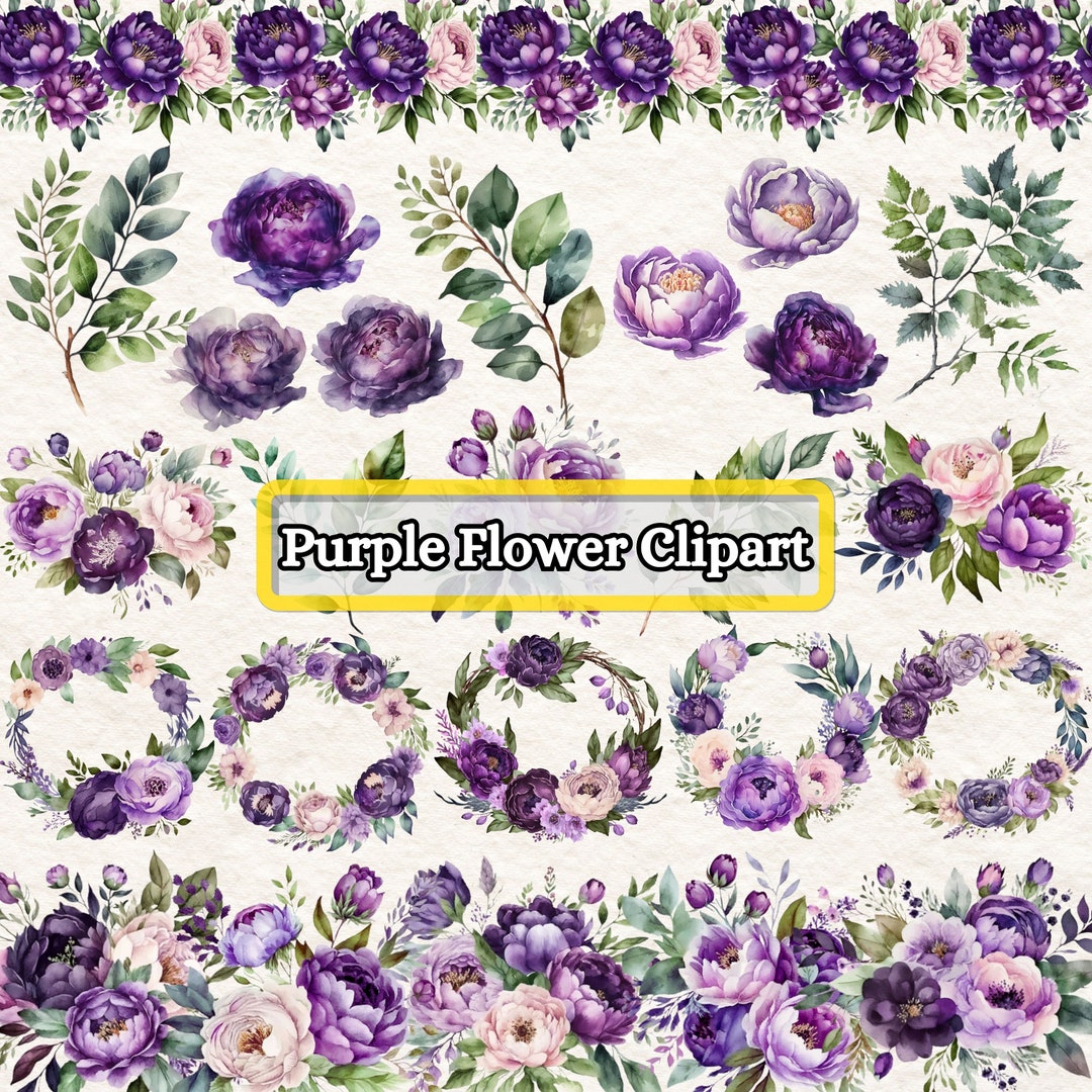 Watercolor Purple Floral Clipart - Purple Peonies, Purple Blossoms ...