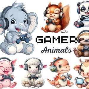 Gamer Animals Clipart, Gaming Nursery Decor, Cartoon Gaming Png, Video ...