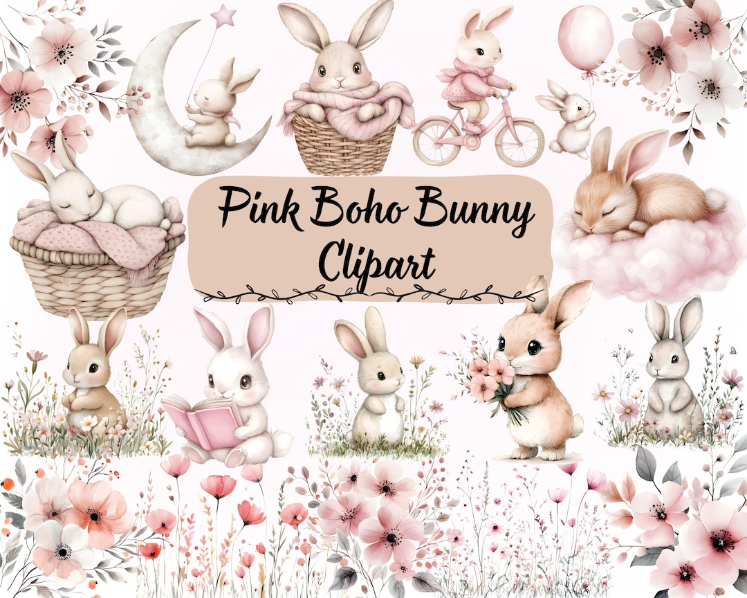 Pink Boho Bunny Clipart, Baby Shower Rabbit Clipart, Cute Watercolor ...
