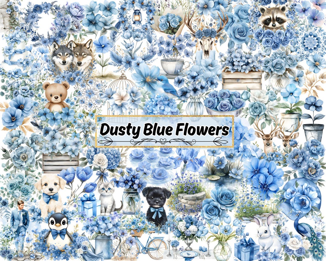 Dusty Blue Watercolor Flowers Clipart, Wild Roses, Blue Peony, Elegant ...