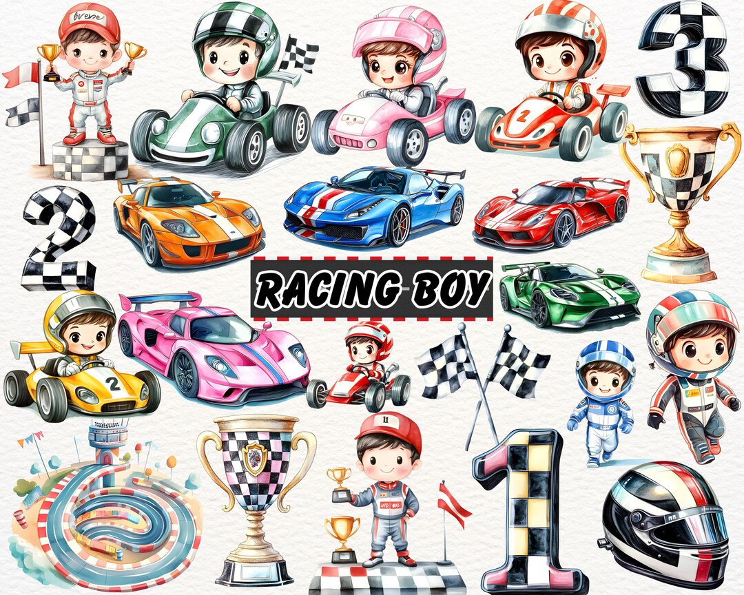 Watercolor Racing Clipart, Boy Racing Party Supplies, Fun Cartoon Png ...