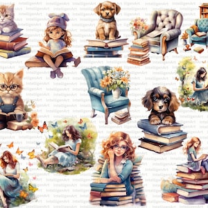 Bookworms Clipart - Book Lover Clipart, Watercolor Book Illustrations ...