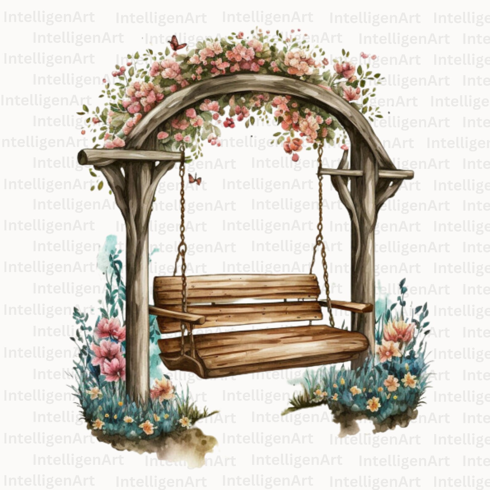 Watercolor Tree Swing Clipart Spring Flowers and Garden - Etsy