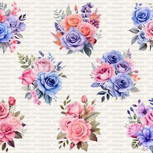Pink and Blue Flowers Clipart - Watercolor Flower Clipart PNG, Baby ...