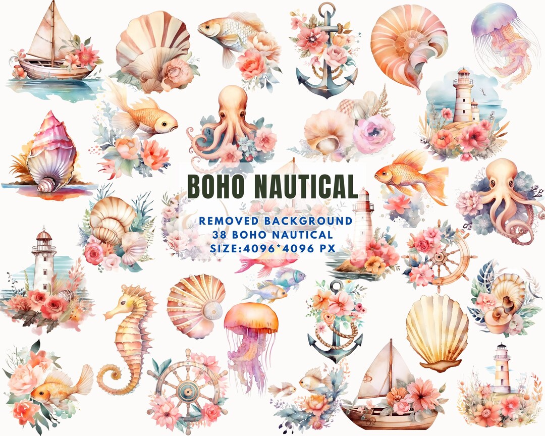 Boho Nautical Clipart - Marine Clipart, Watercolor Ocean Beach Clip Art ...