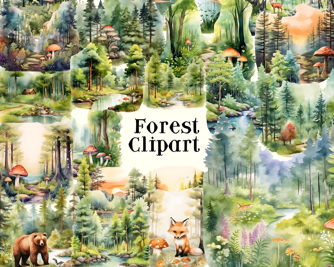 Forest Watercolor Clipart, Forest Background Clipart, Woodland Forest ...