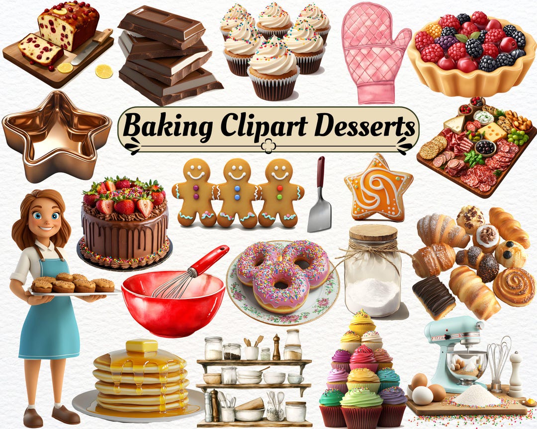 Baking Clipart Bundle PNG, Watercolor Desserts Clipart, Cupcake PNG ...