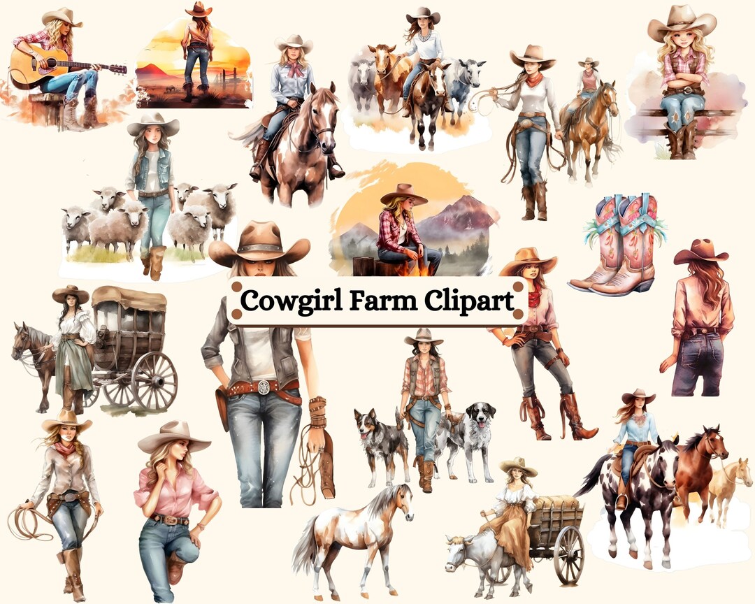 40 Cowgirl Clipart Watercolor Wild West Western Farm Bundle for Card ...