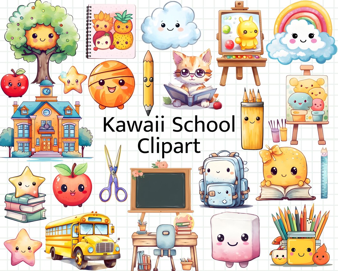 Kawaii School Clipart, Cute School Supplies, Back to School Clipart ...