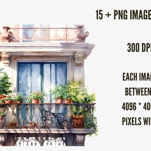 Balcony Clipart French Balcony Scene Greenery Window Graphics Boho ...