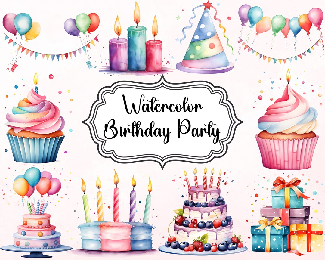 Watercolor Birthday Party Clipart | Cake Present Balloons Clipart ...