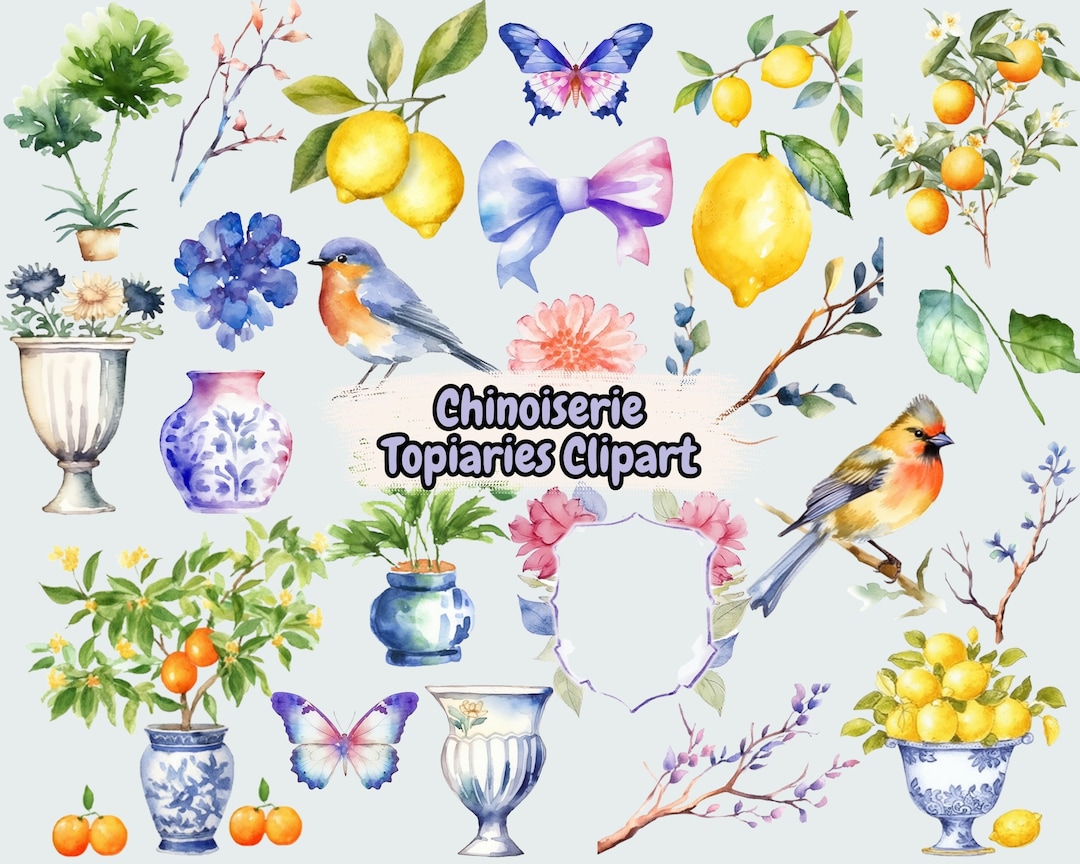 Watercolor Chinoiserie Clip Art, Blue Blooms Seamless Chinoiserie ...