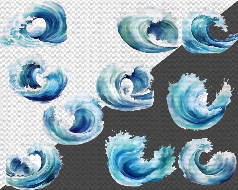 Tidal Waves Clipart Watercolor Ocean Waves Underwater - Etsy