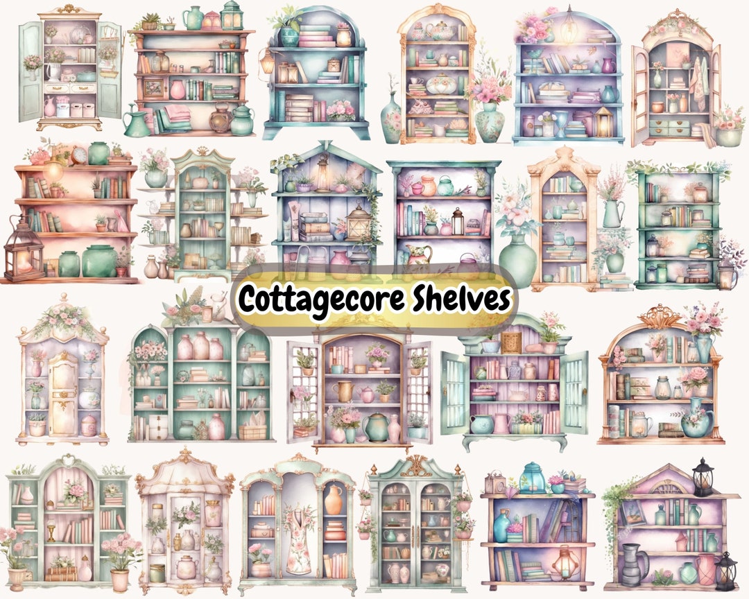 Cottagecore Shelves Clipart - Watercolor Vintage Bookshelf, Pastel ...