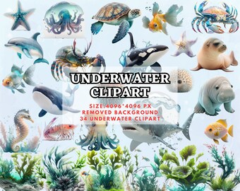 Undersea Watercolor Clipart Bundle Nursery Decor, Baby Wall Art, Cute ...