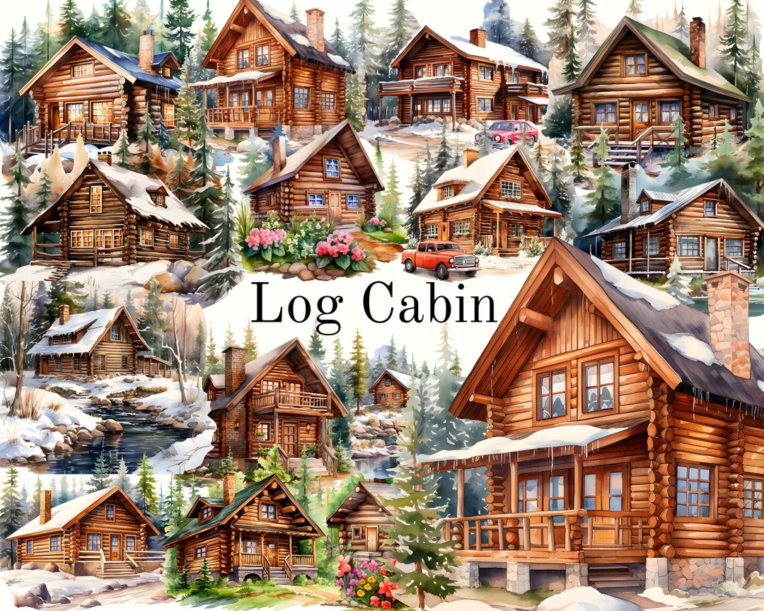 Log Cabin Clipart, Cabin in the Woods Clipart, Winter Cottage Clipart ...