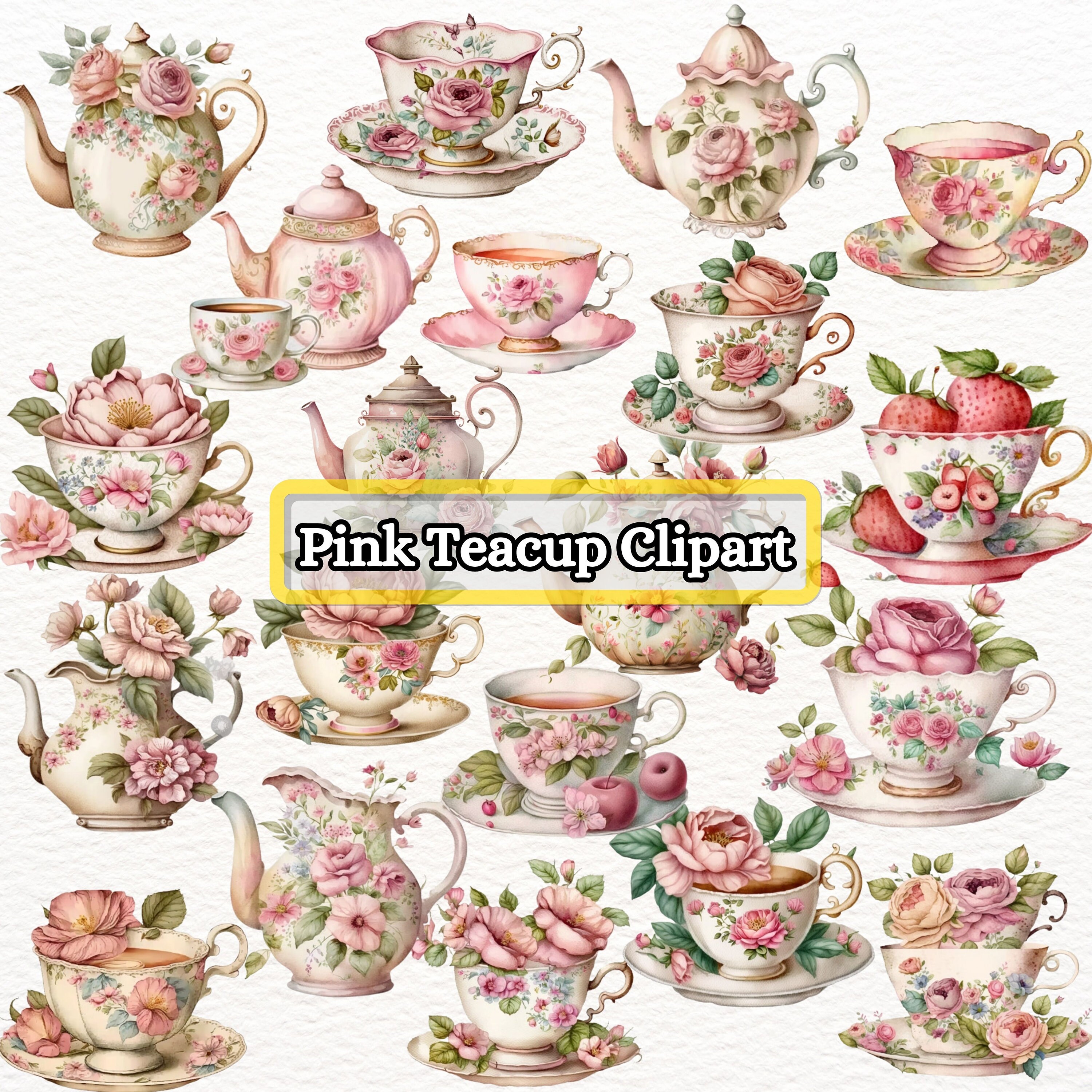 Watercolor Vintage Pink Teacup Clipart-antique Pink and Flower - Etsy