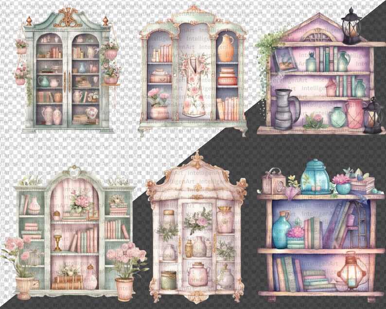 Cottagecore Shelves Clipart Watercolor Vintage Bookshelf - Etsy