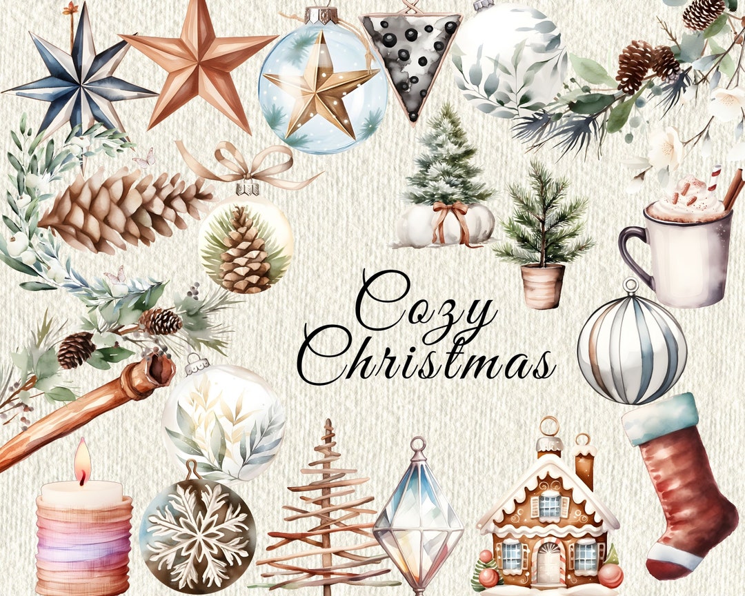 Cozy Christmas Clipart Watercolor Boho Christmas, Boho Vintage Holiday ...