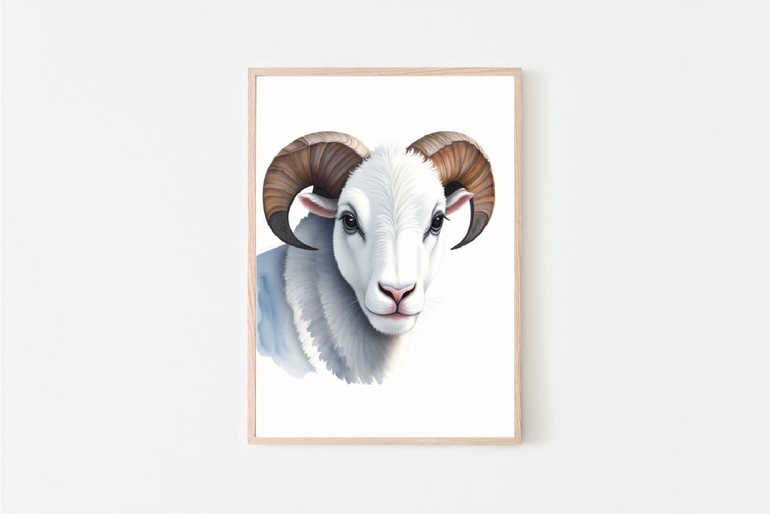 White Ram, Digital Print, Ram, Horns, Neutral Tones, Watercolor Animal ...