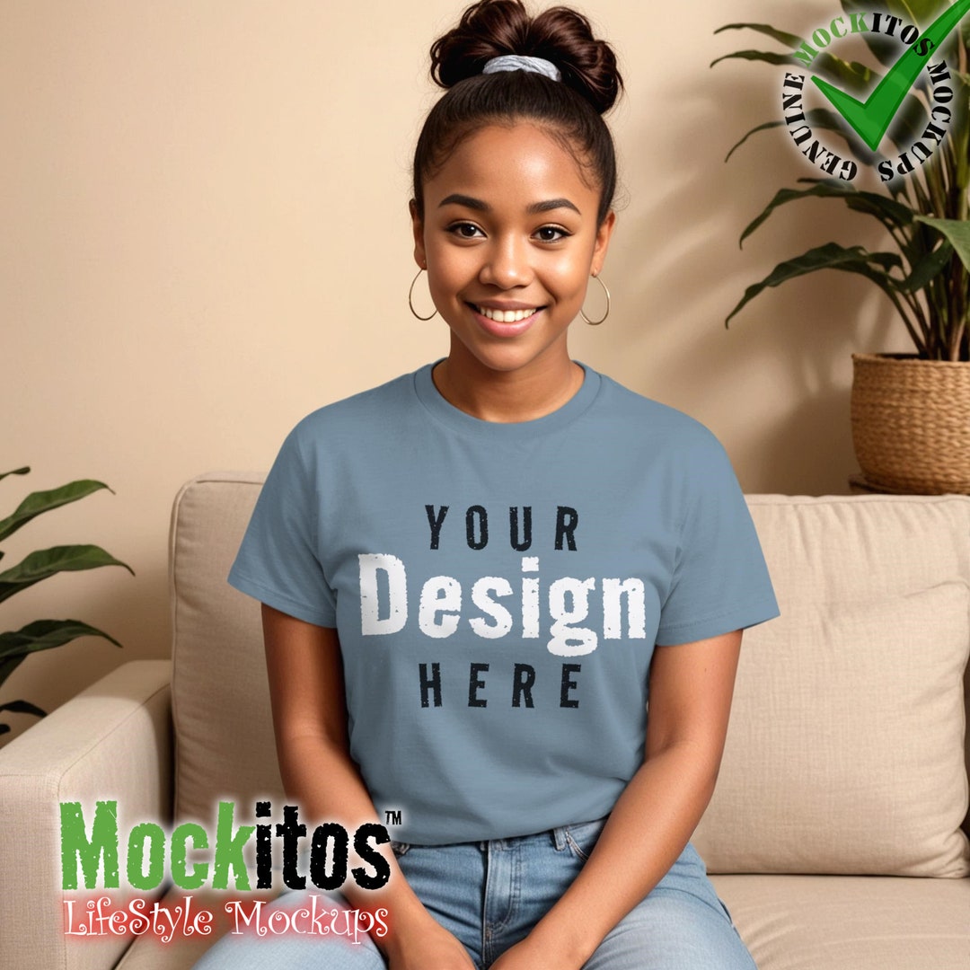 Gildan 64000 Style Stone Blue Softstyle T-shirt Womens T-shirt Mockup ...