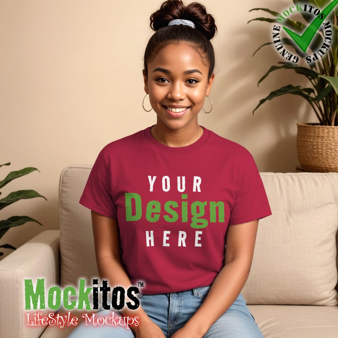 Gildan 64000 Style Cardinal Red Softstyle T-shirt Womens T-shirt Mockup ...