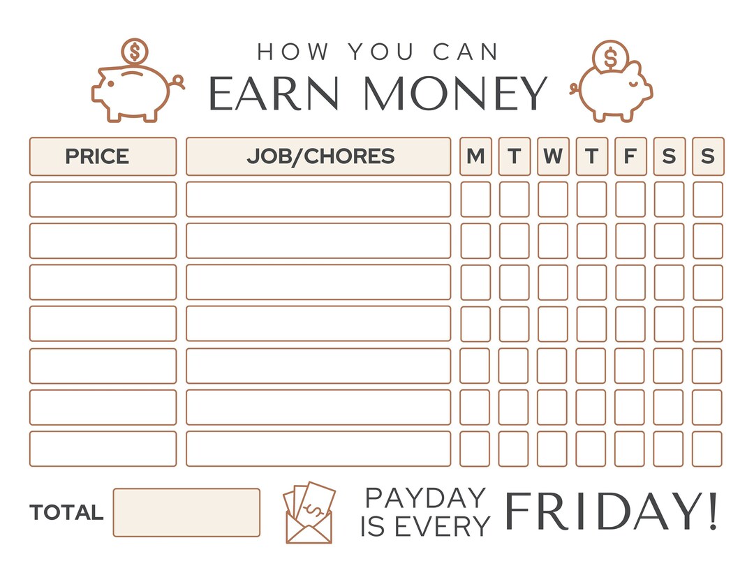 Kids Pocket Money Chore Chart PDF Instant Download Kids - Etsy