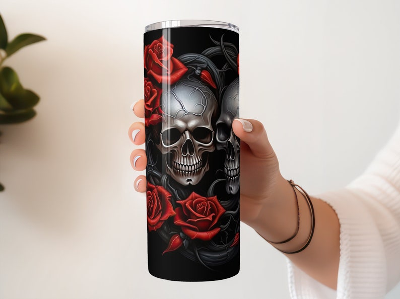 Black Skull Red Roses 20 Oz Skinny Tumbler Sublimation Design, Goth ...