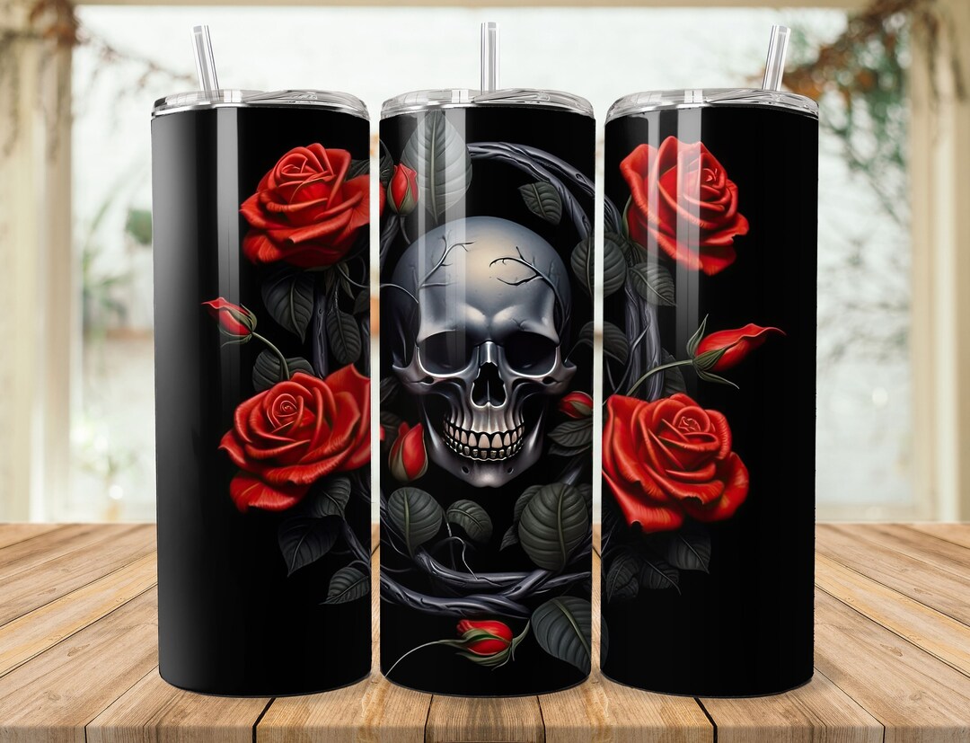 Black Skull Red Roses 20 Oz Skinny Tumbler Sublimation Design, Goth ...