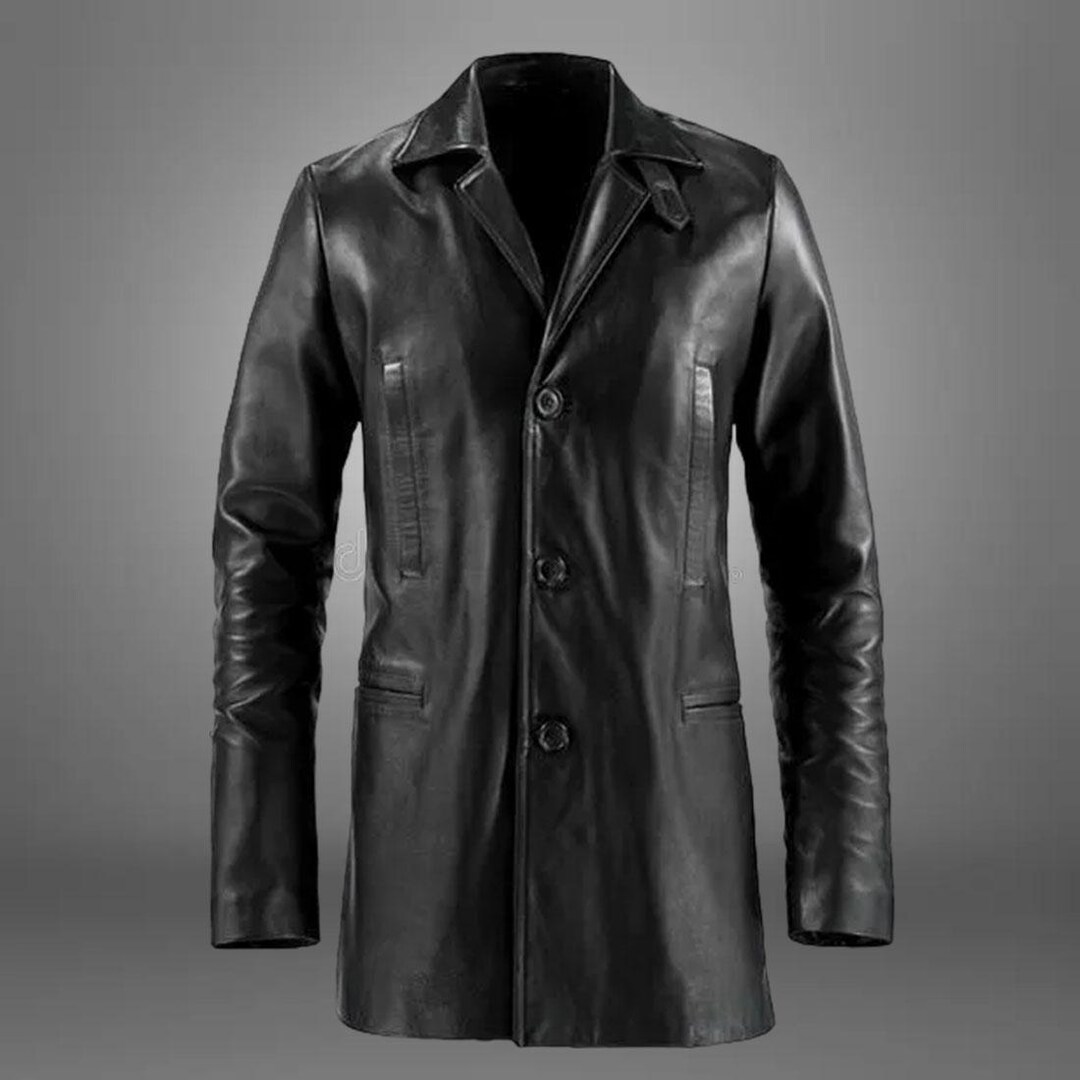 NEW Men Genuine Lambskin Real Leather Coat Black Long Button Jacket ...