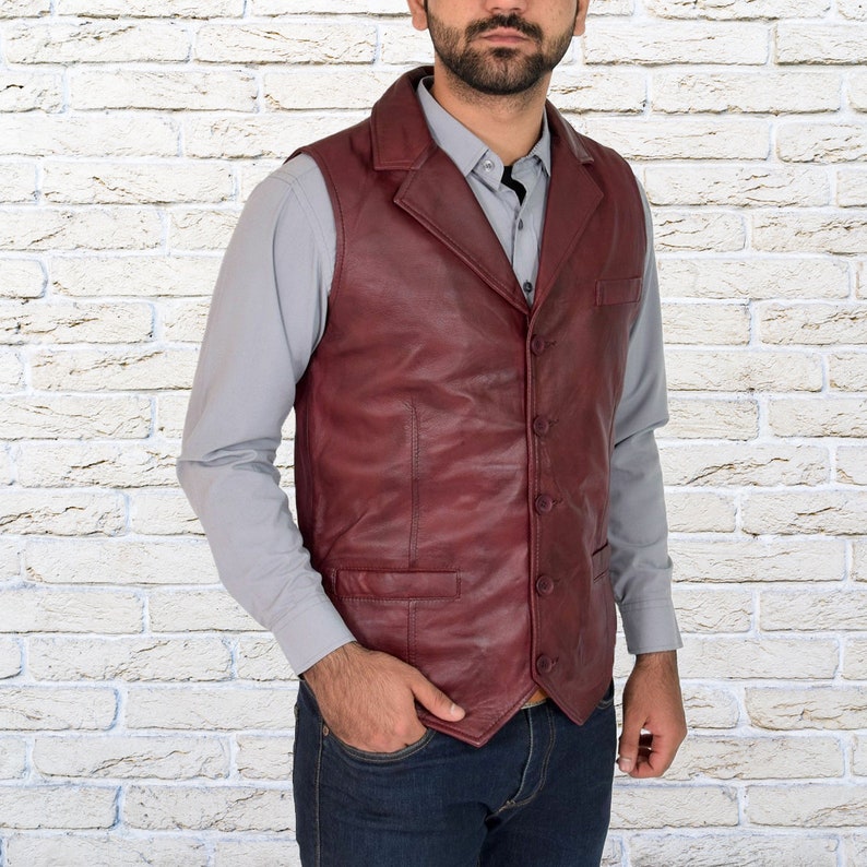 Pure Lamb Leather Vest,red Men Leather Vest, Soft Sheepskin Vest Best ...