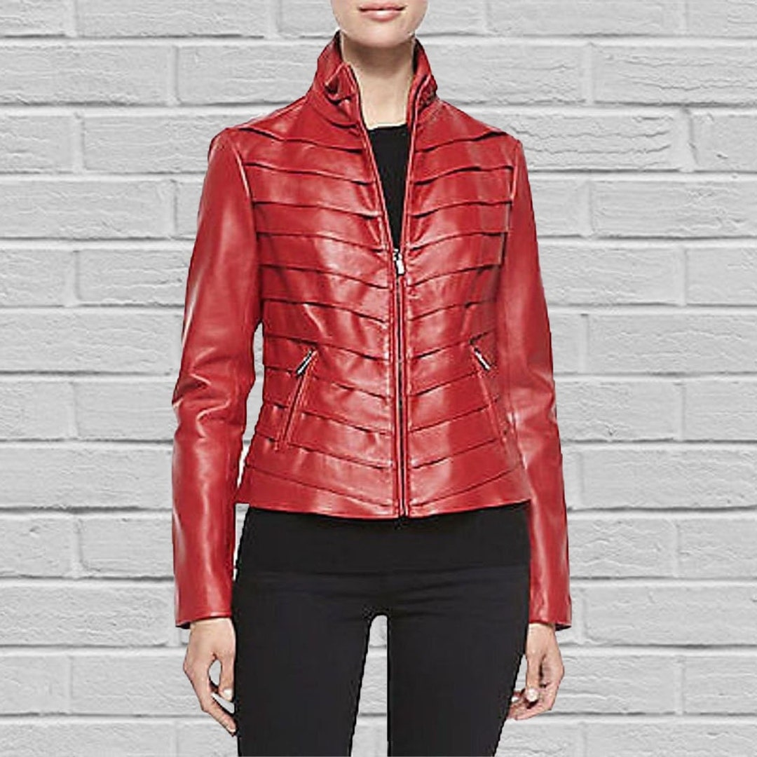 Women Vintage Cafe Racer Red Color Jacket Genuine Leather Slim Fit Real ...