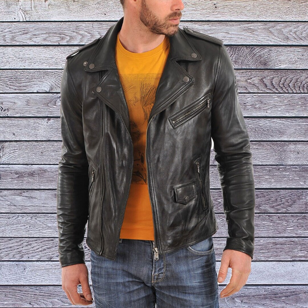 Men's Black Genuine Lambskin Leather Jacket, Men's Black Leather Biker ...
