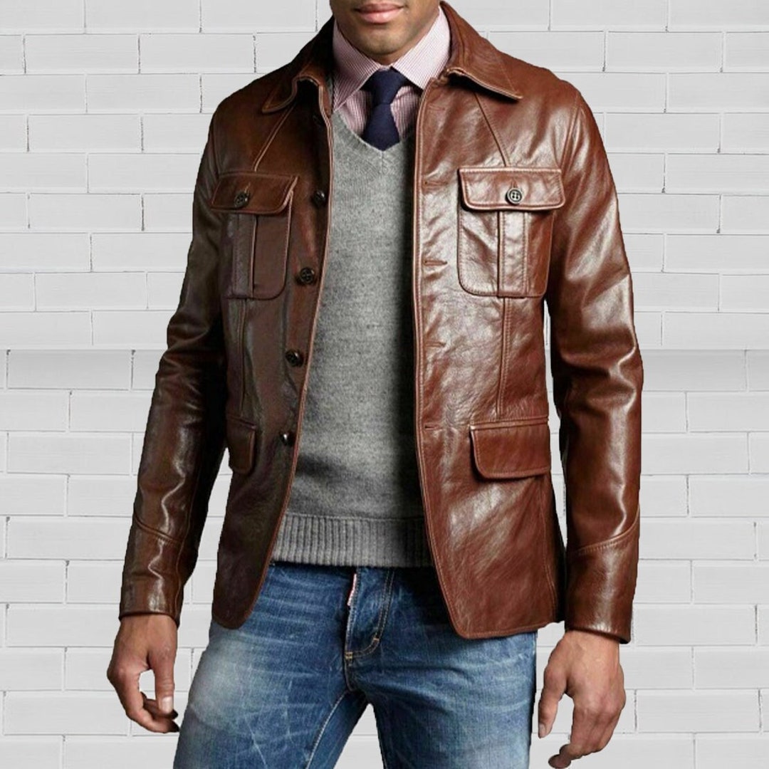 Men Biker Motorcycle Lamb Skin Slim Fit Leather Blazer , Casual Genuine ...