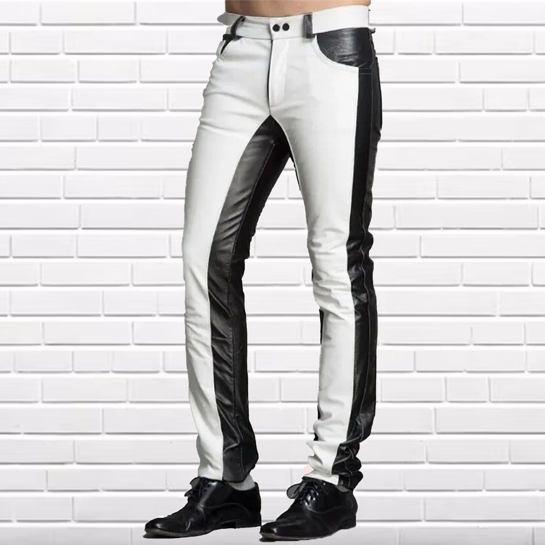 Men's Real Natural Soft Lambskin Leather Bikers Pants Contrast Panels ...