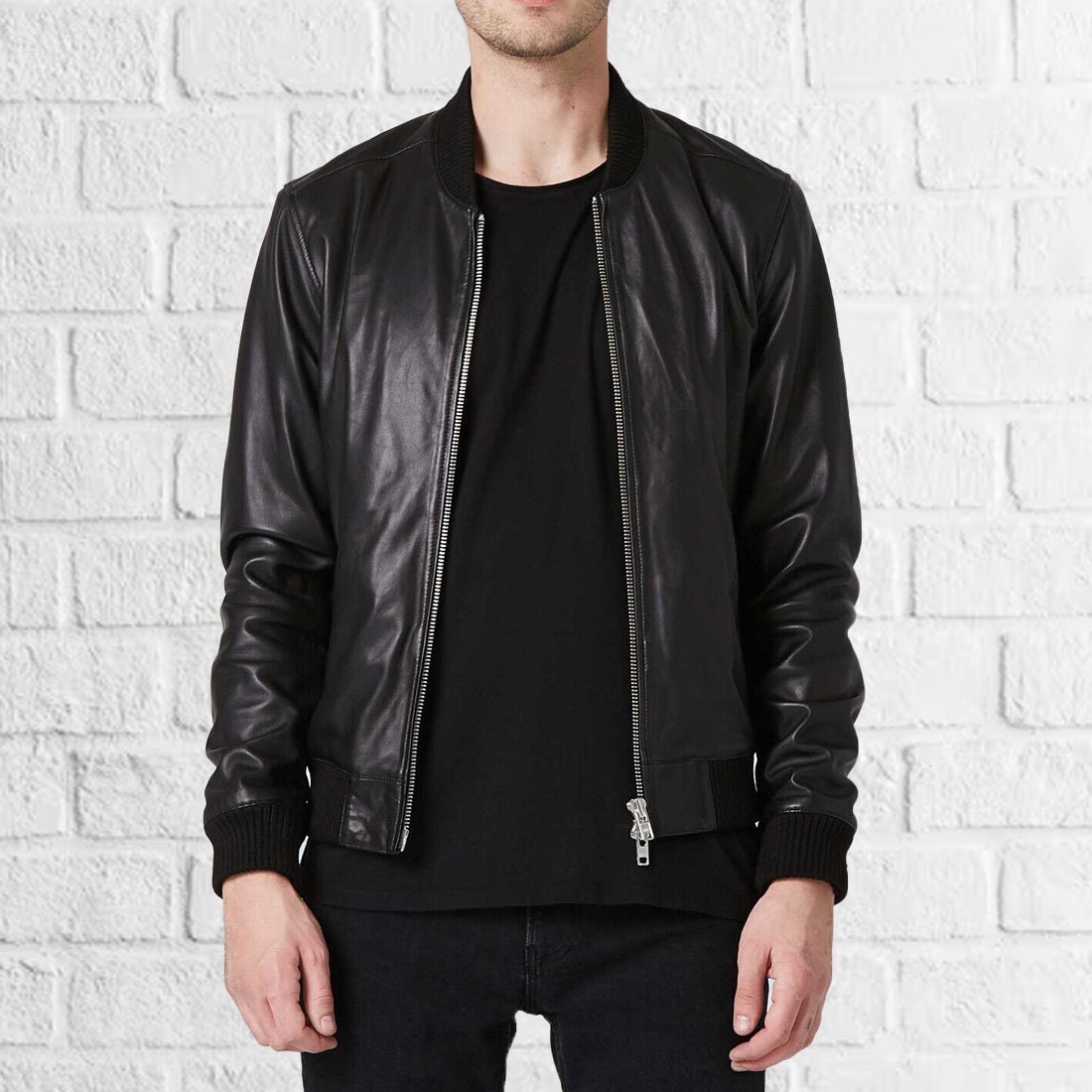 Mens Genuine Black Bomber Leather Jacket Real Lambskin Leather Jackets ...