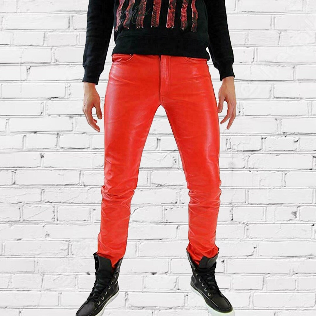 Motorcycle Biker Red Slim Fit Casual Pants Red Leather Pant Skinny ...