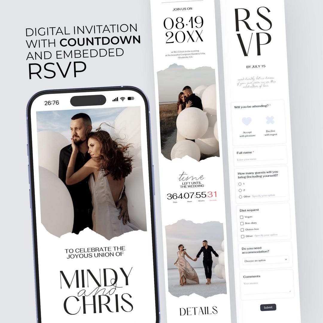 Digital Wedding Invitation Template: Embedded RSVP, Map, Countdown ...