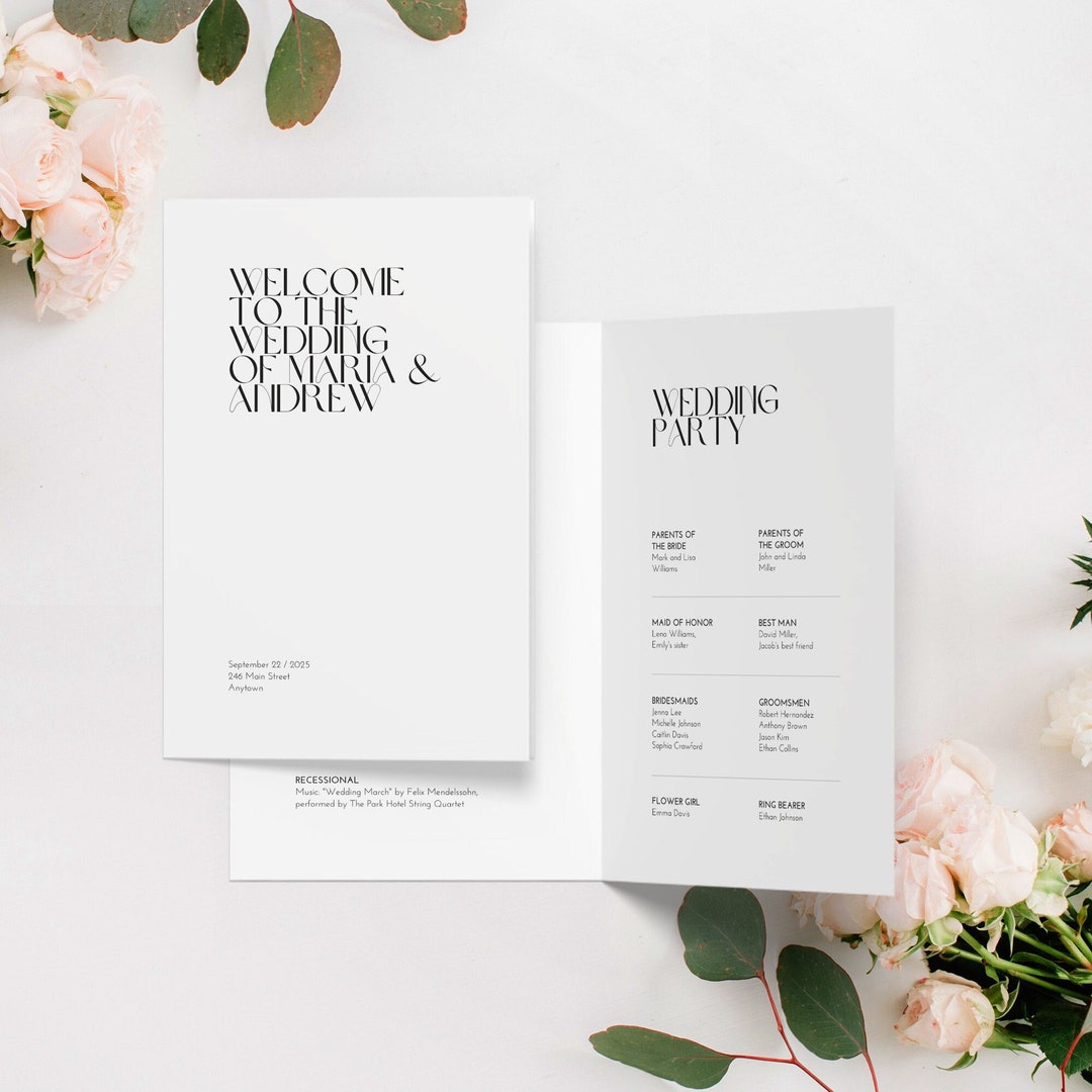 Minimalist Wedding Program Template, Foldable Wedding Program, Modern ...