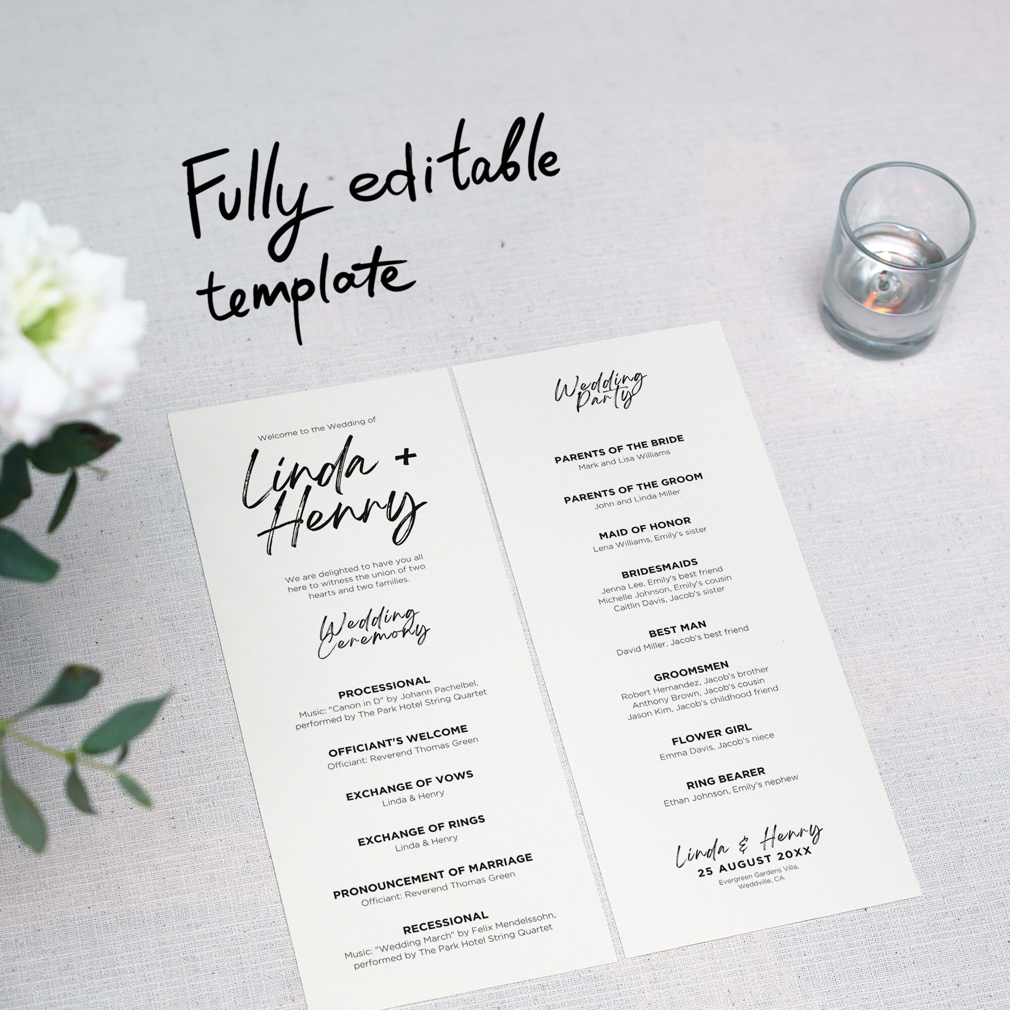 Wedding Program Template, Minimalist 4x9 Wedding Program, Editable & Printable Wedding Day ...