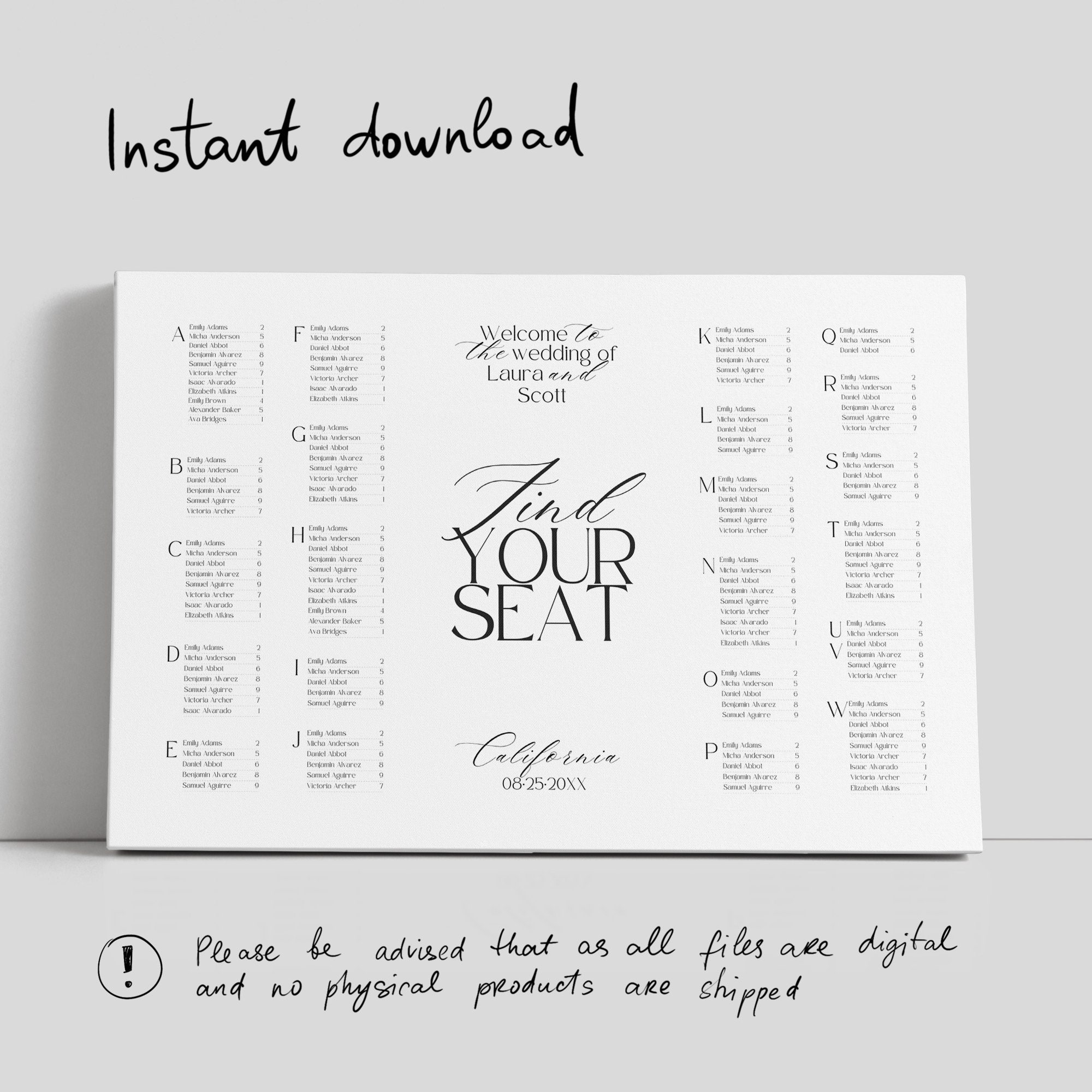 Alphabetical Seating Chart, Wedding Landscape Seating Chart Sign ...