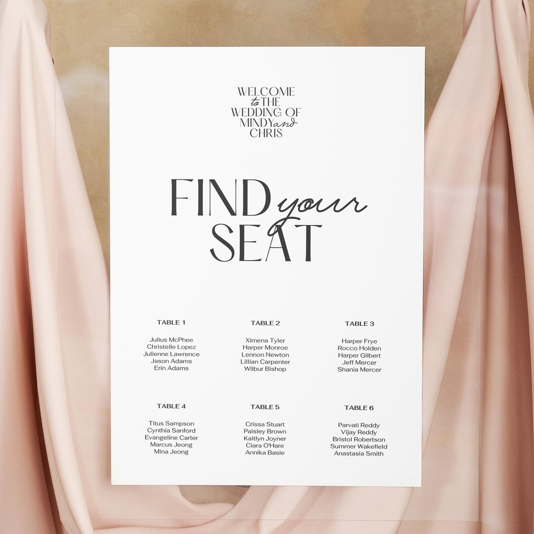 Find Your Seat Template, Wedding Seating Chart Sign, Modern Vertical ...